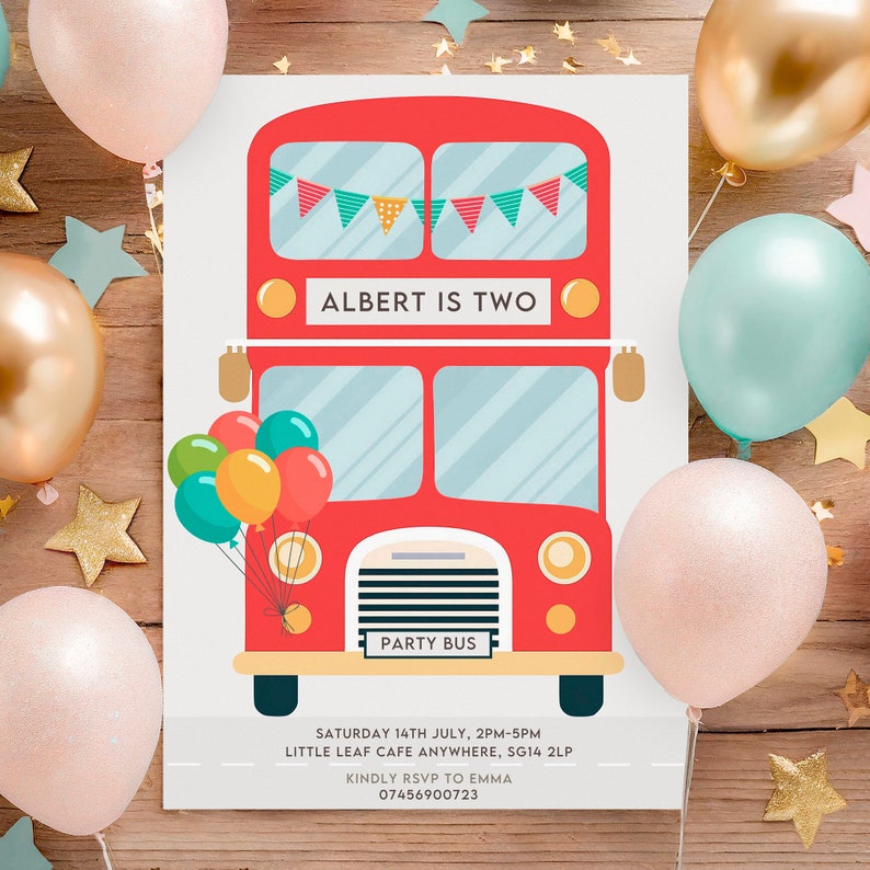 Editable Transportation Birthday Invitation, Bus Invite, Red London Bus ...