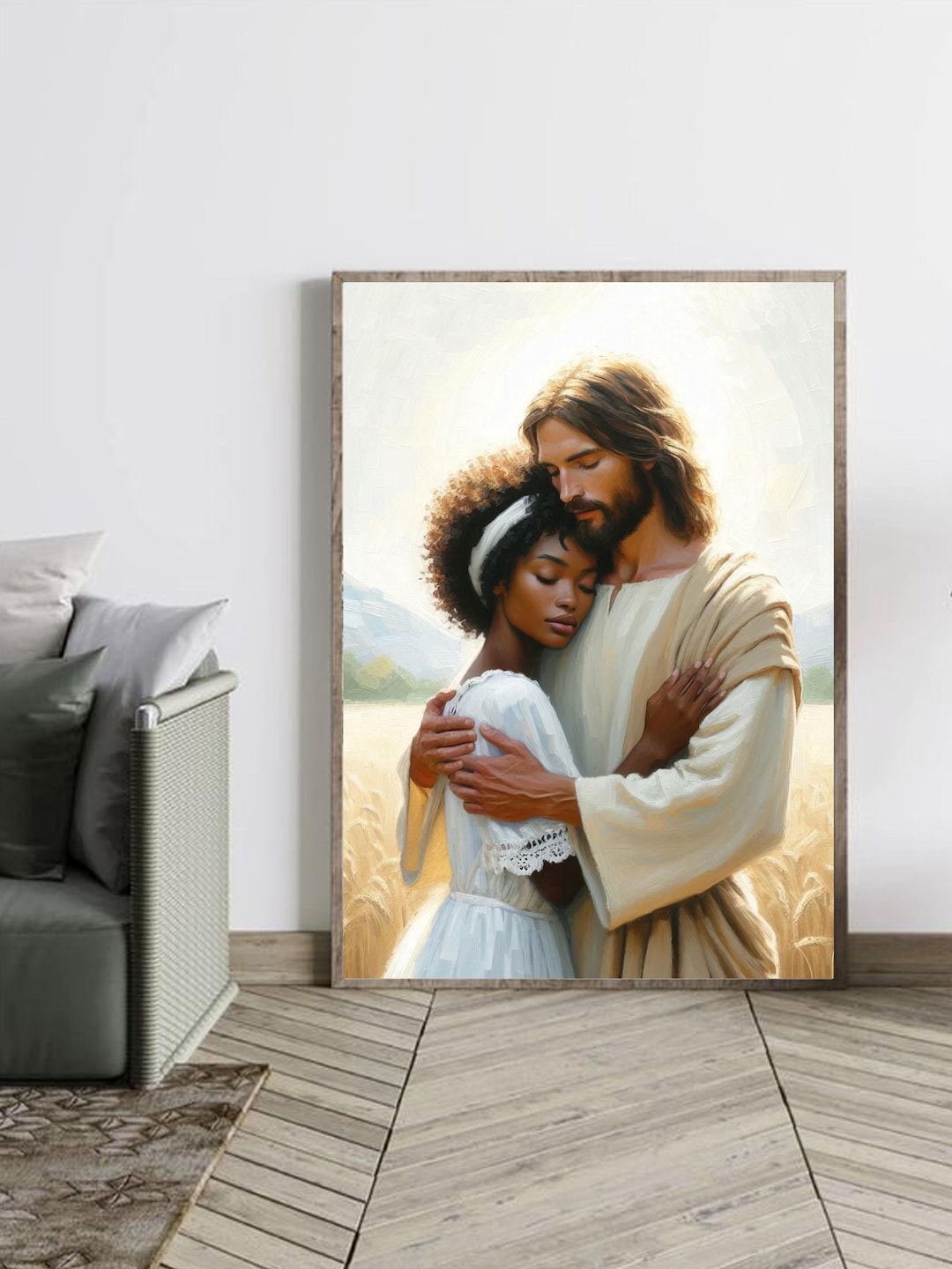 Jesus Hugs Black Woman Art Print, Jesus With Black Girl Portrait ...