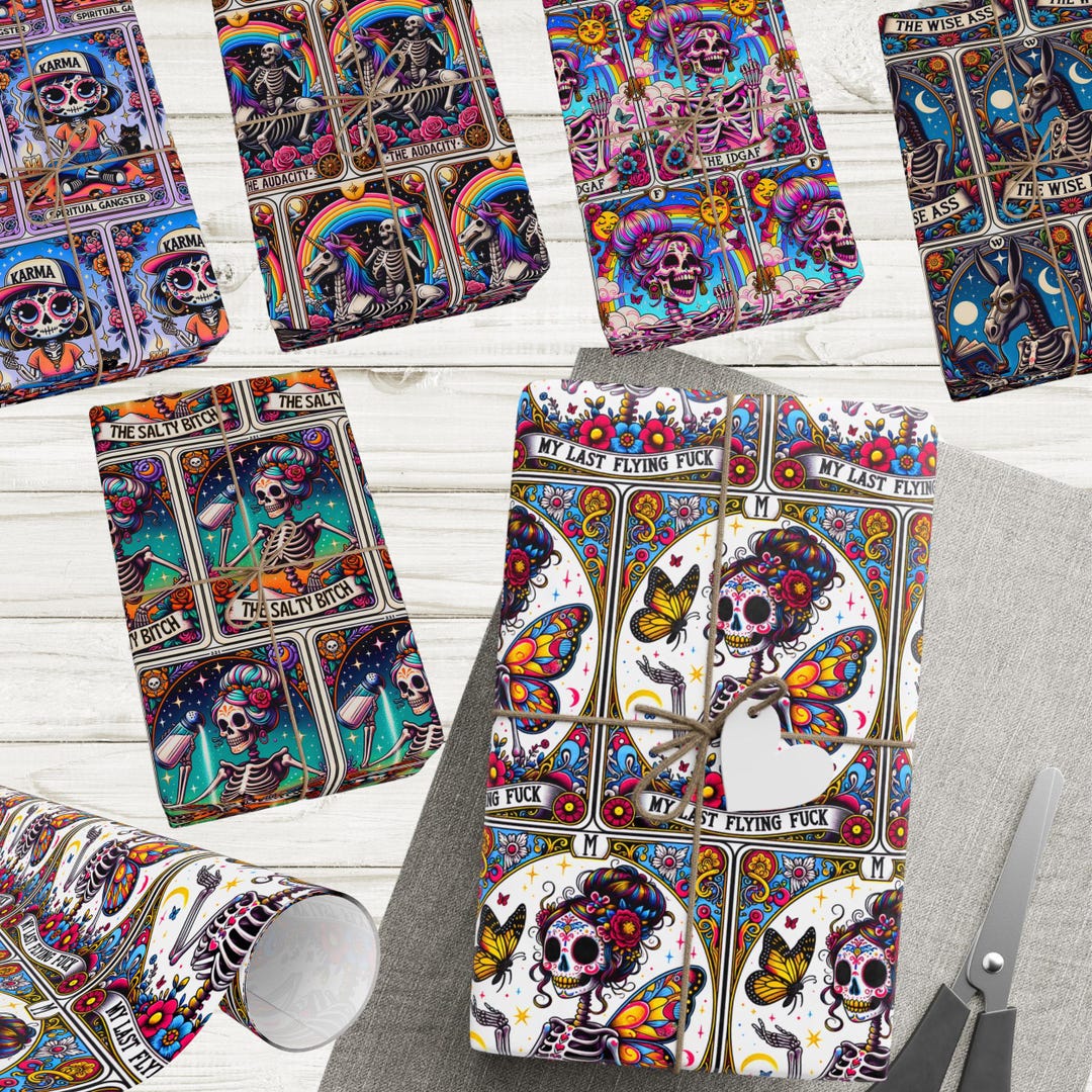 Custom Tarot Card Wrapping Paper, Skeleton Character Holiday Birthday ...
