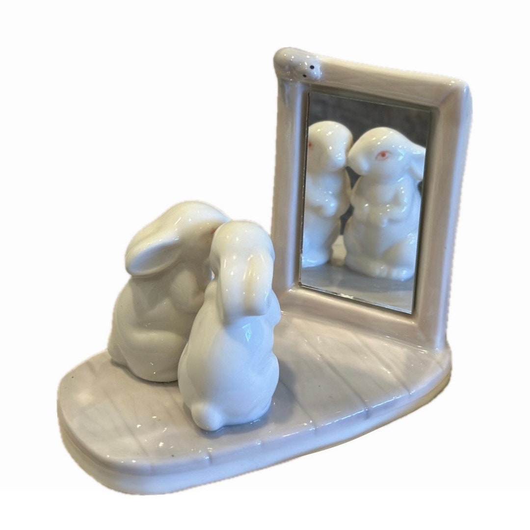 Rabbit Figurine: Two Bunnies Looking at Reflections in the Mirror ...