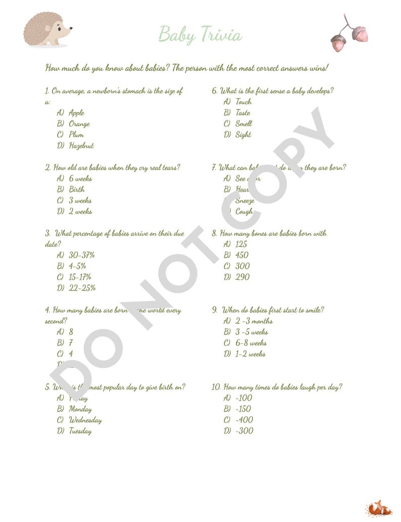 Printable Baby Shower Trivia Activity & Game Forest, Nature - Etsy