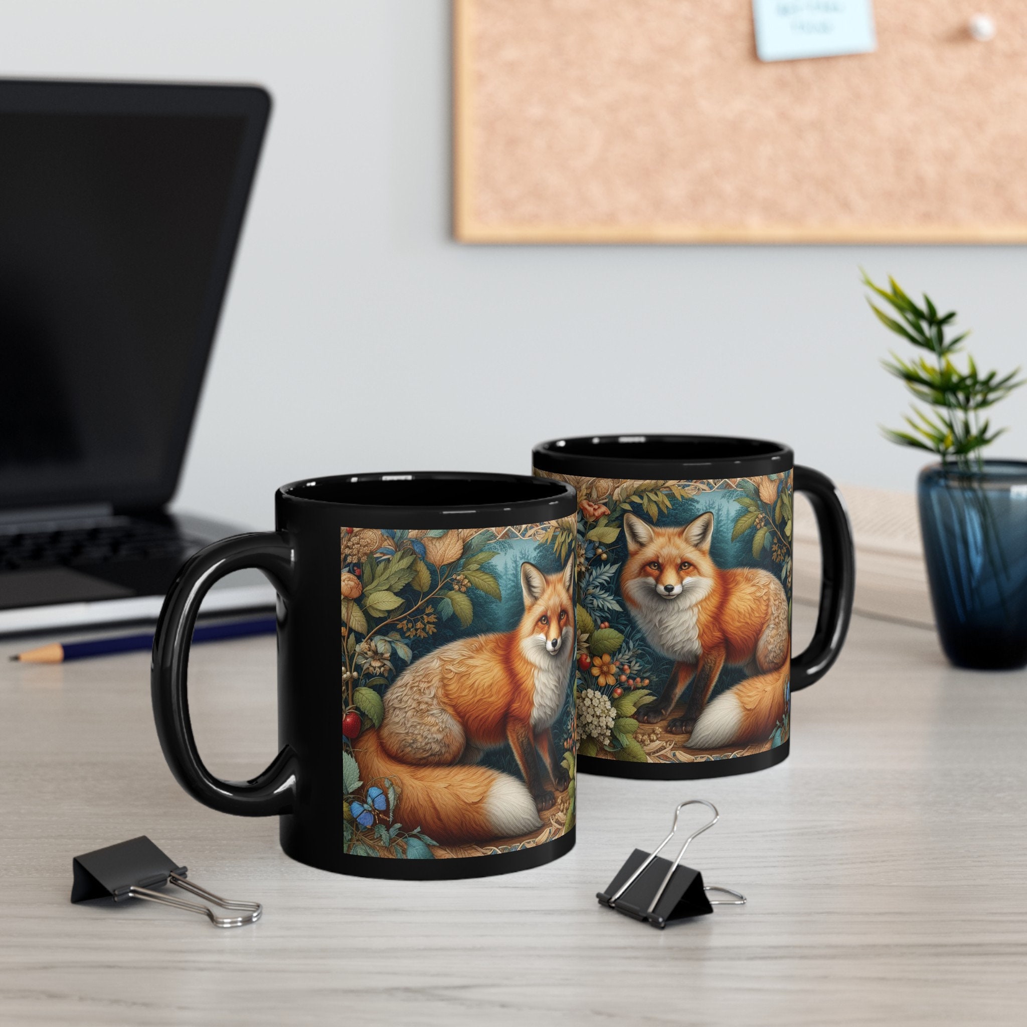 Red Fox Black Mug William Morris Inspired Coffee Tea Cappa Floral ...