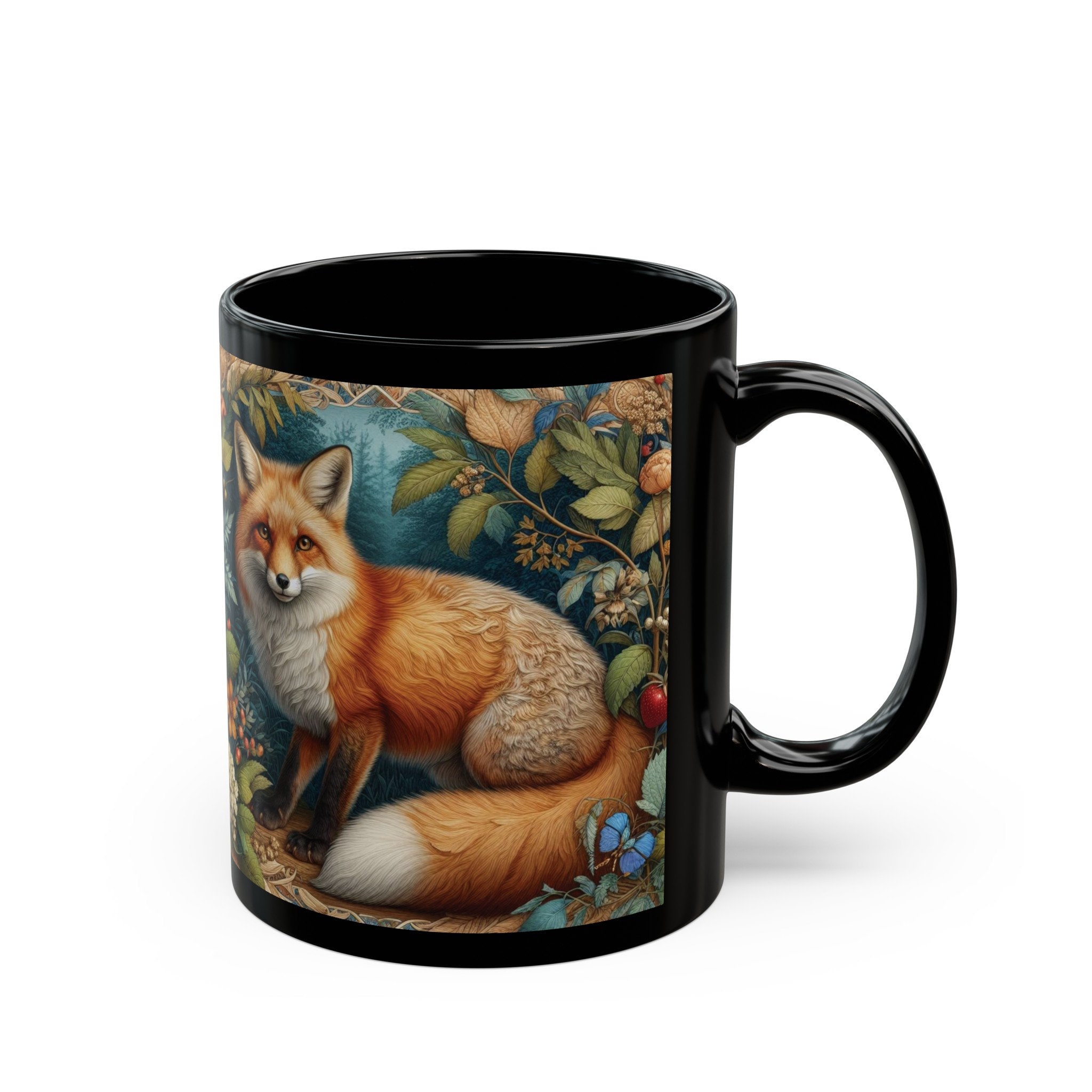 Red Fox Black Mug William Morris Inspired Coffee Tea Cappa Floral ...