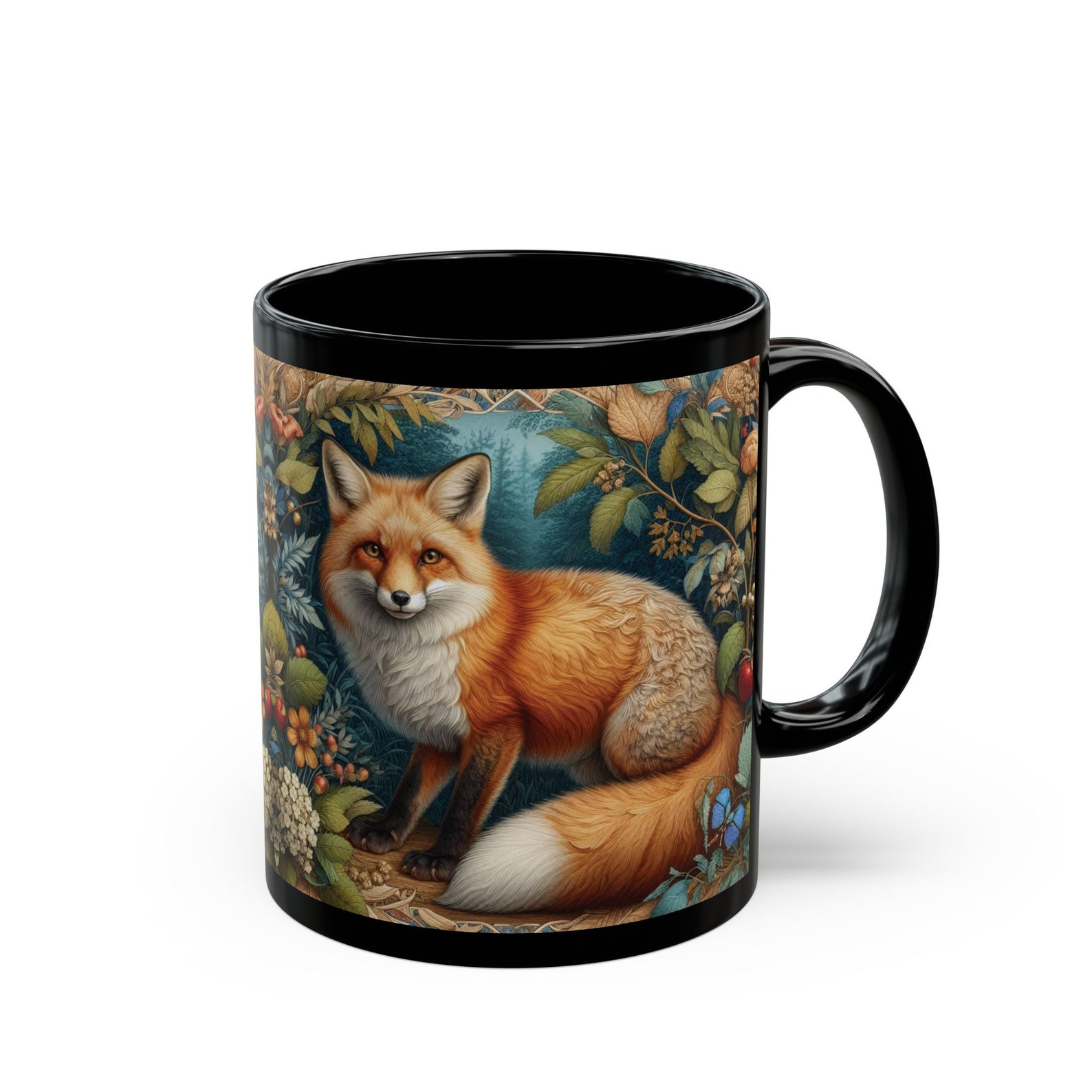 Red Fox Black Mug William Morris Inspired Coffee Tea Cappa Floral ...