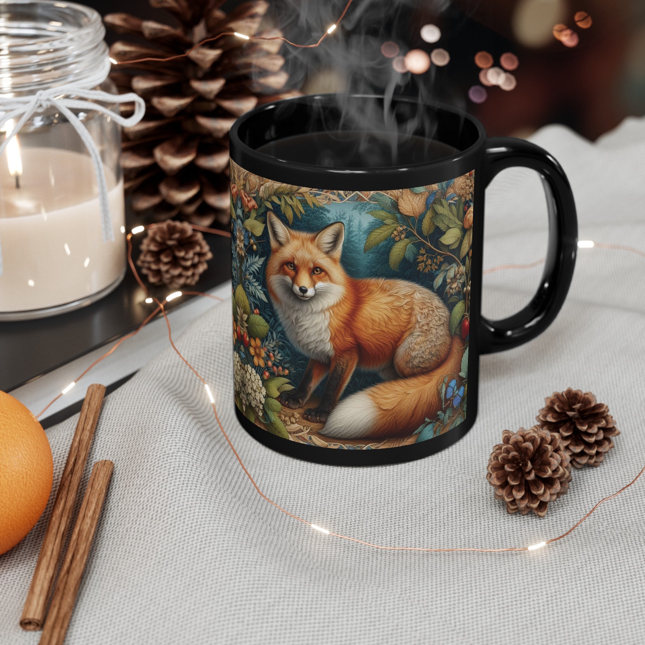 Red Fox Black Mug William Morris Inspired Coffee Tea Cappa Floral ...