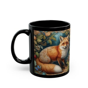 Red Fox Black Mug William Morris Inspired Coffee Tea Cappa Floral ...
