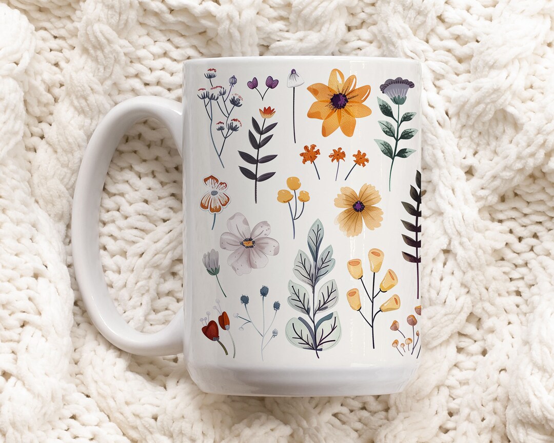 Boho Floral Mug, Cottagecore Mug, Pressed Flowers Coffee Mug, Botanical ...