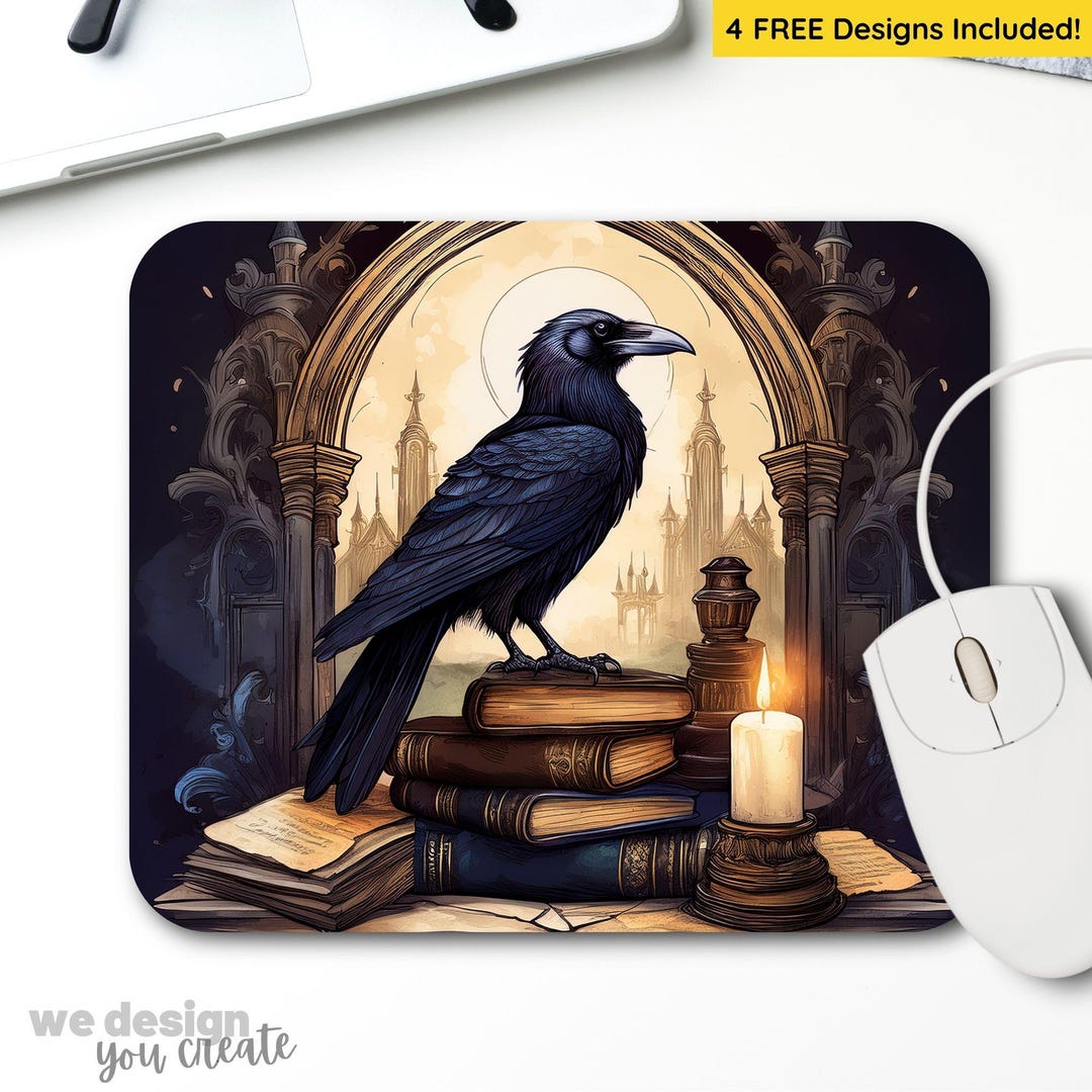 Raven Mouse Pad Sublimation Design, Gothic Mousepad PNG Design, Book ...