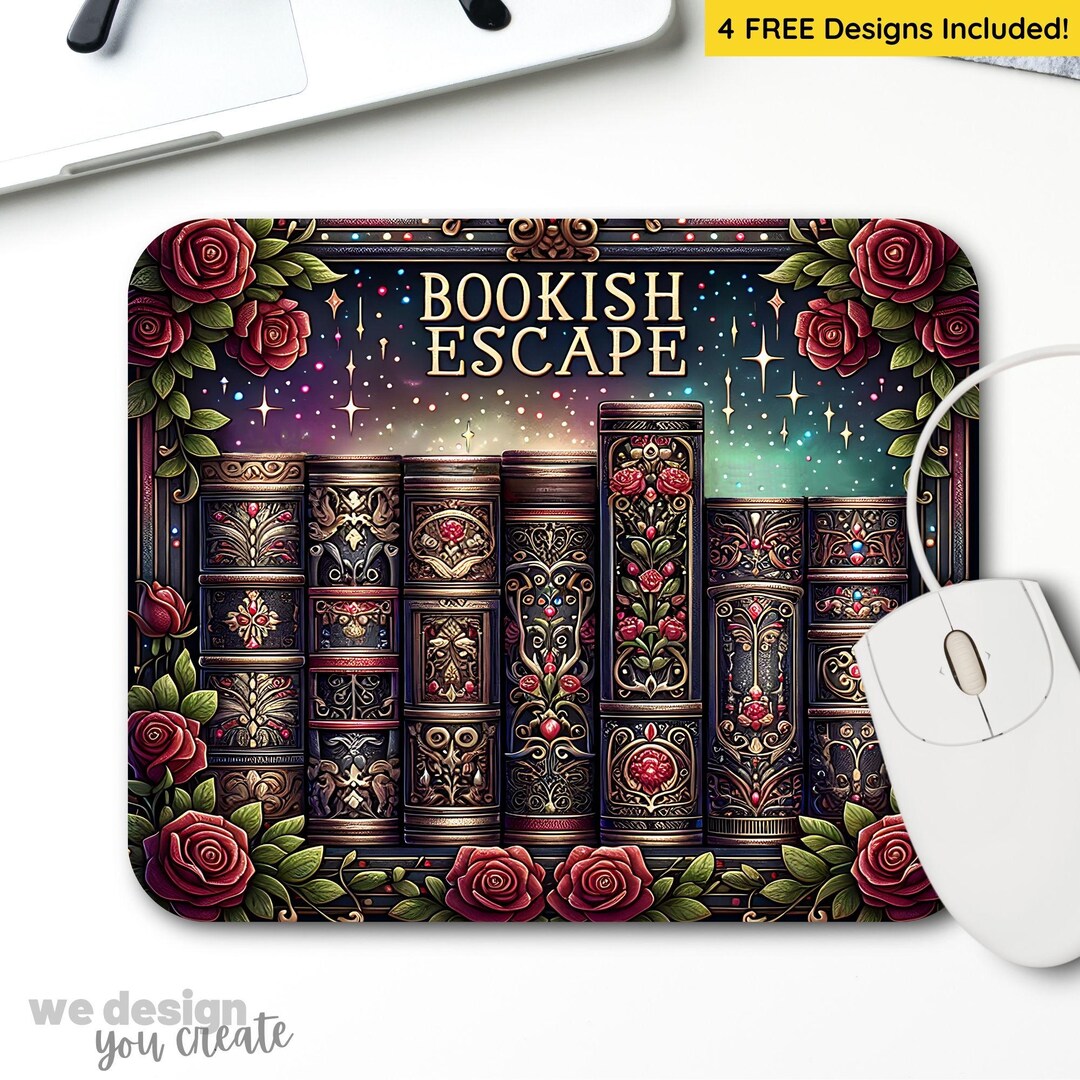 Bookish Mouse Pad Sublimation Design, Floral Mousepad PNG, Book Stack ...
