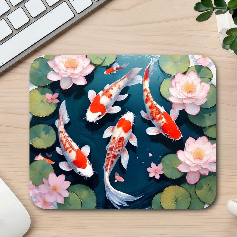 Koi Fish Mouse Pad Sublimation Design, Lotus Flower PNG Cute Desk Decor ...