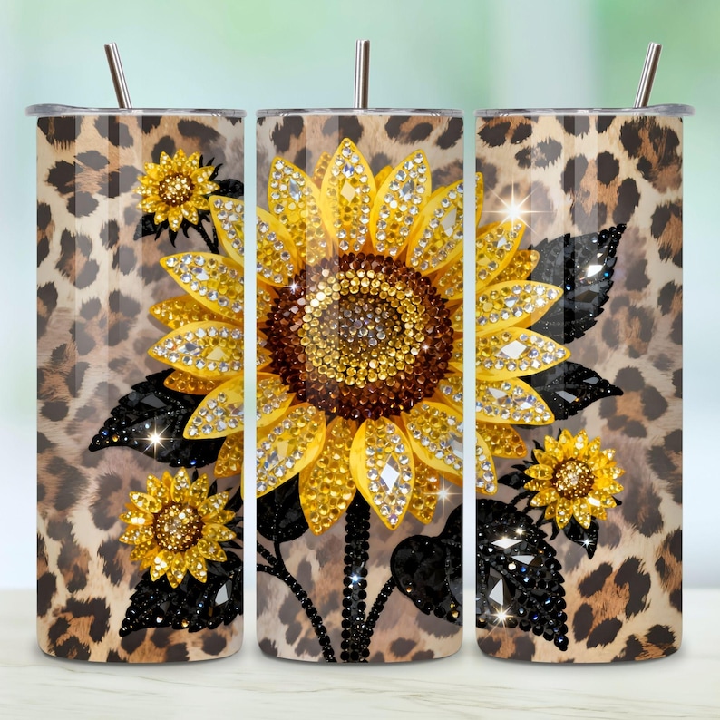 Rhinestone Sunflower Leopard Tumbler PNG, 20oz Skinny Tumbler ...