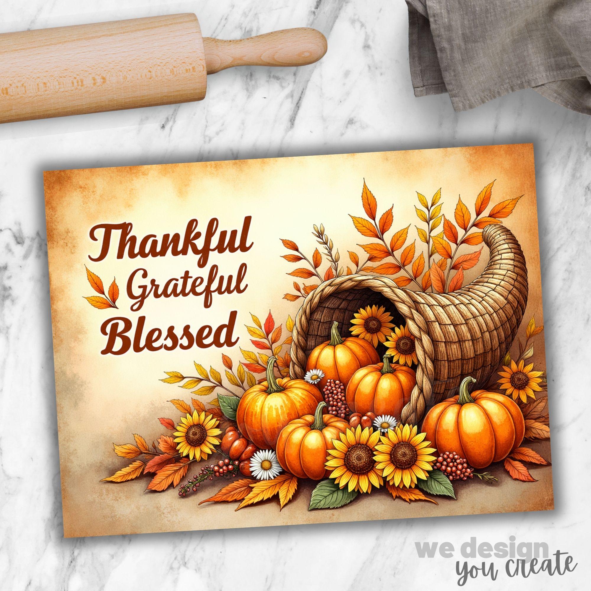 Thanksgiving Cutting Board Cornucopia PNG, Thankful Grateful Blessed ...
