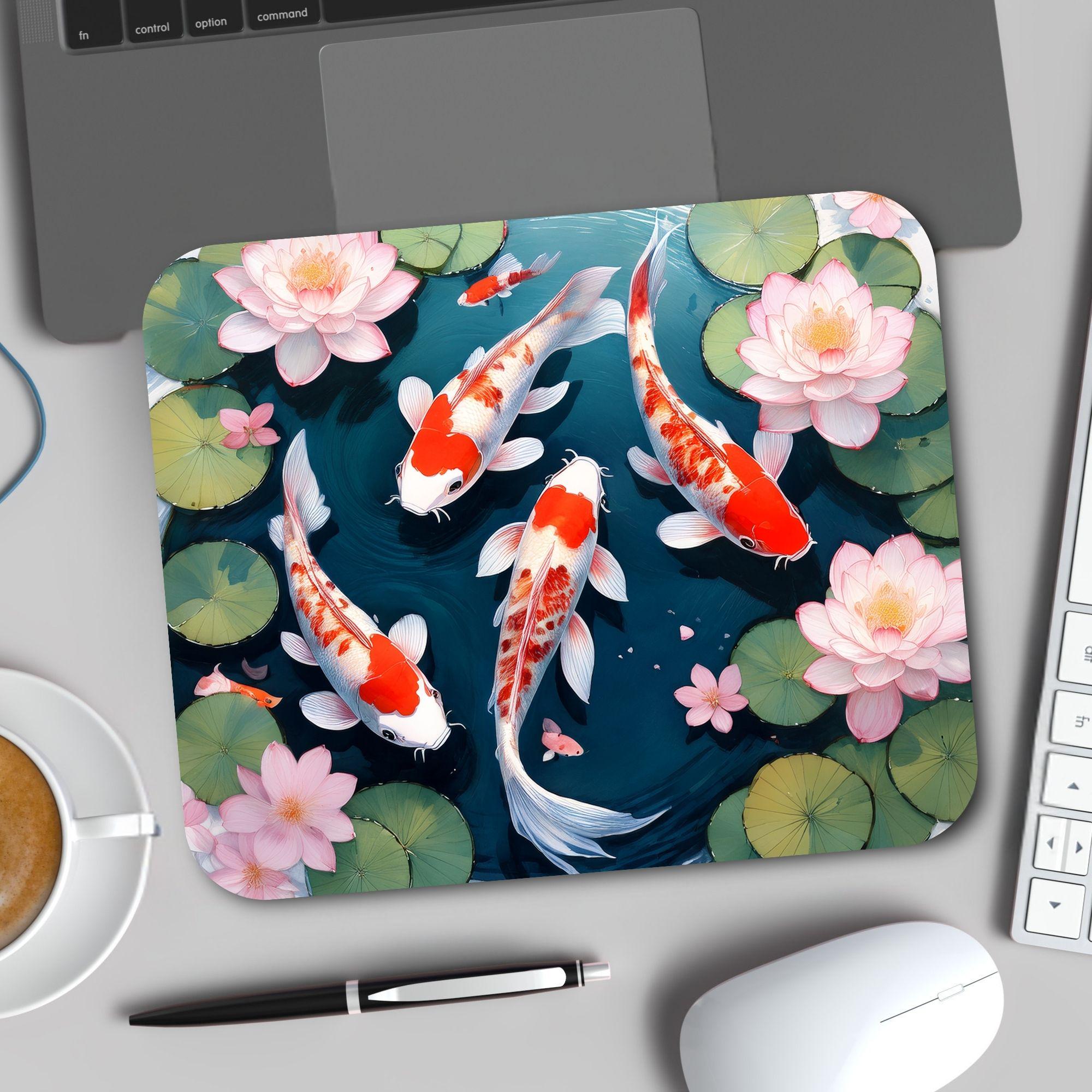 Koi Fish Mouse Pad Sublimation Design, Lotus Flower PNG Cute Desk Decor ...