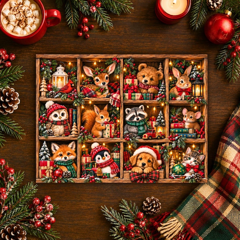 Christmas Animals Cutting Board PNG, Cute Holiday Animals Sublimation ...