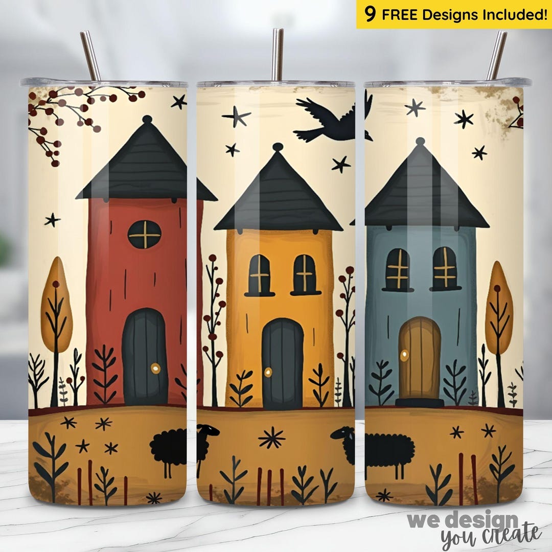 Primitive Folk Art Houses Tumbler Wrap PNG, 20oz Skinny Tumbler ...