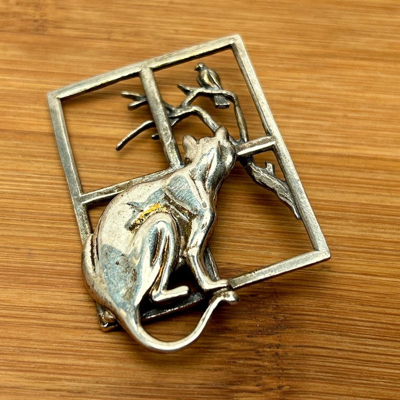 Sterling Cat Pin - Etsy