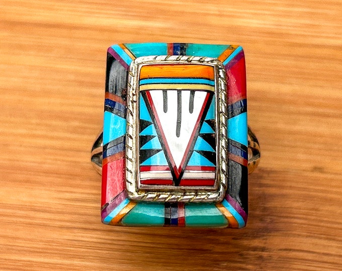 Zuni Sterling Silver Multi-stone Inlay Ring - Size 9 With Vibrant ...