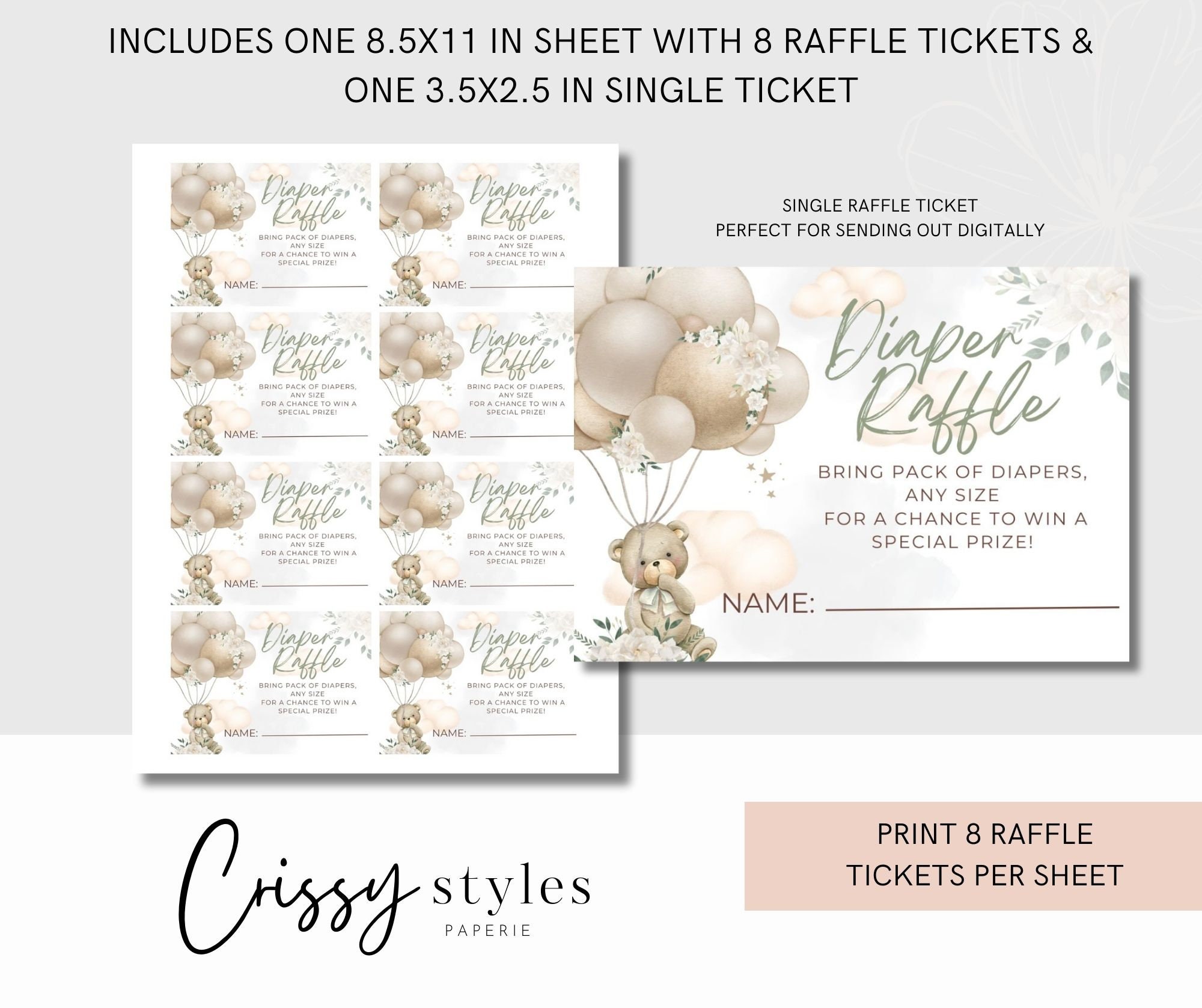 Diaper Raffle Teddy Bear Baby Shower Ticket and Sign Set Baby Neutral ...