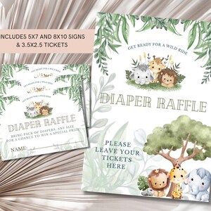 Diaper Raffle Wild Ride Baby Shower Ticket and Sign Set Greenery Jungle ...