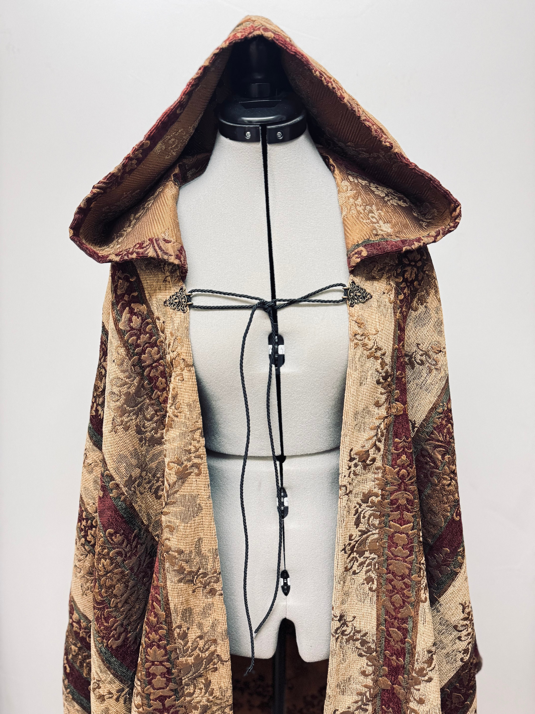 High Quality, Burgundy, Damask Tapestry Renaissance Cape With Full Hood ...