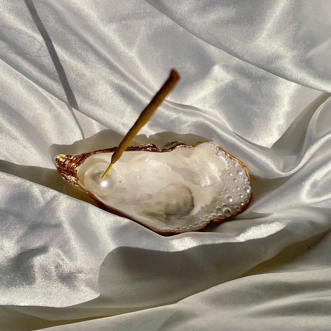 Oyster Shell Incense Holder With Large Pearl & Gold Leaf | Coastal ...