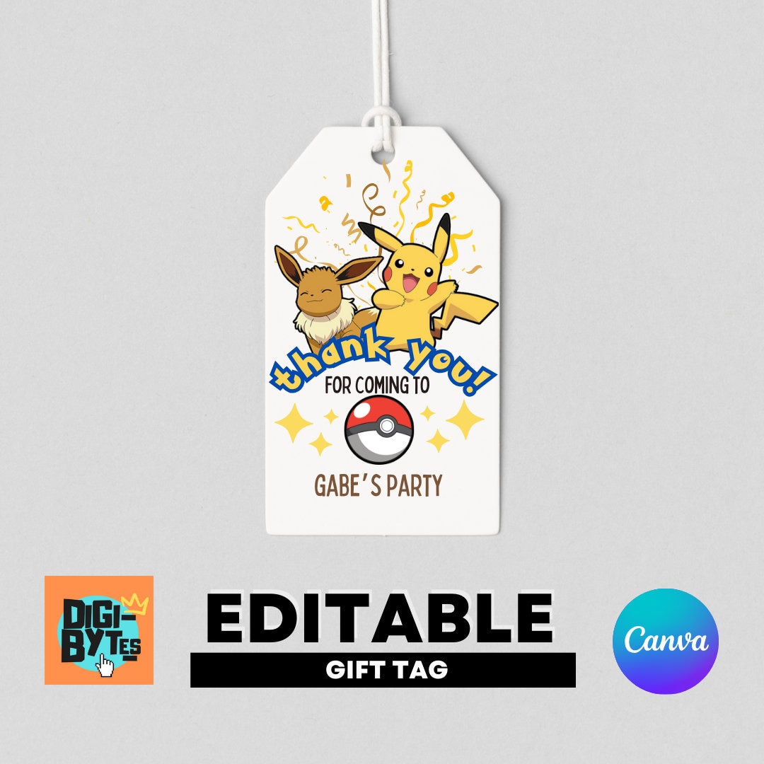 Editable Pokemon Thank You Tags, Pikachu Party Favours, Thank You Tag ...