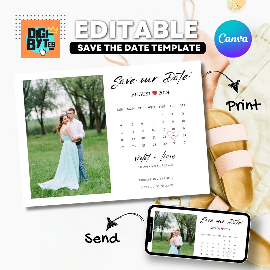 Minimalist Save the Date Calendar Template With Photo | Boho Save the ...