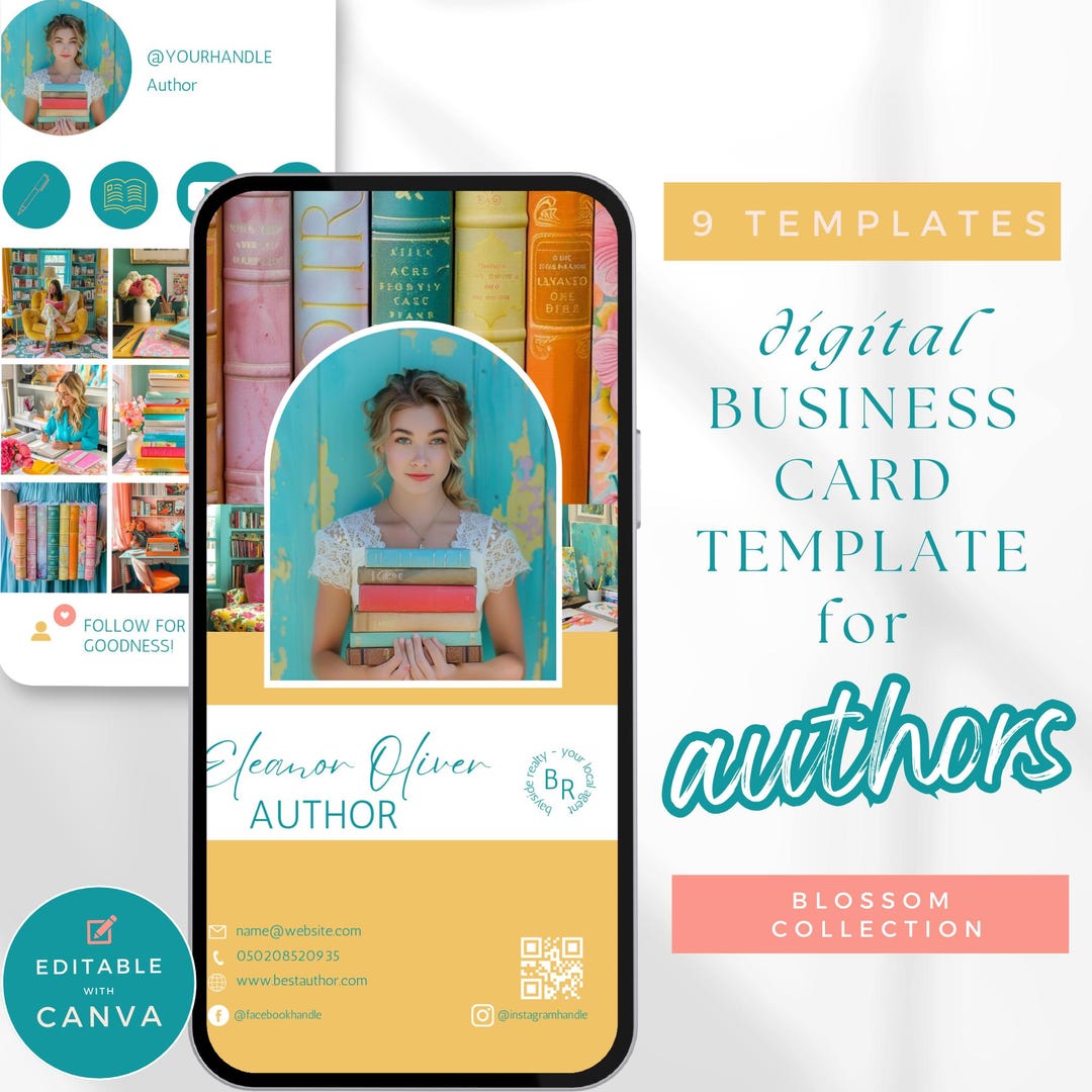 Digital Author Business Card Template - Customizable QR Code - Elegant ...