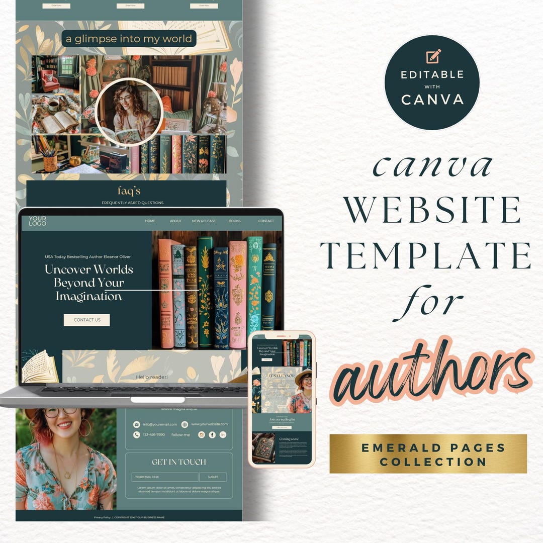 Green Author Template, Canva Website Template for Authors, Author ...