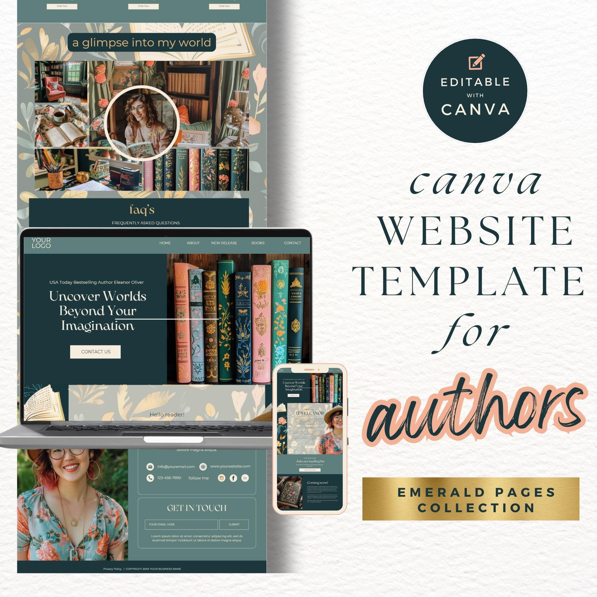 Green Author Template, Canva Website Template for Authors, Author ...
