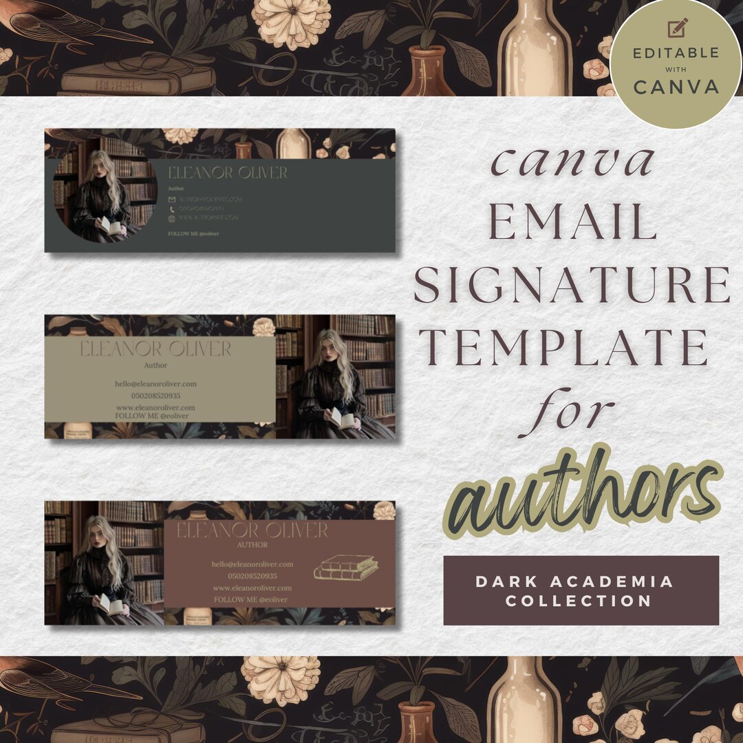 Dark Academia Email Signature Templates for Writers | Editable Canva ...