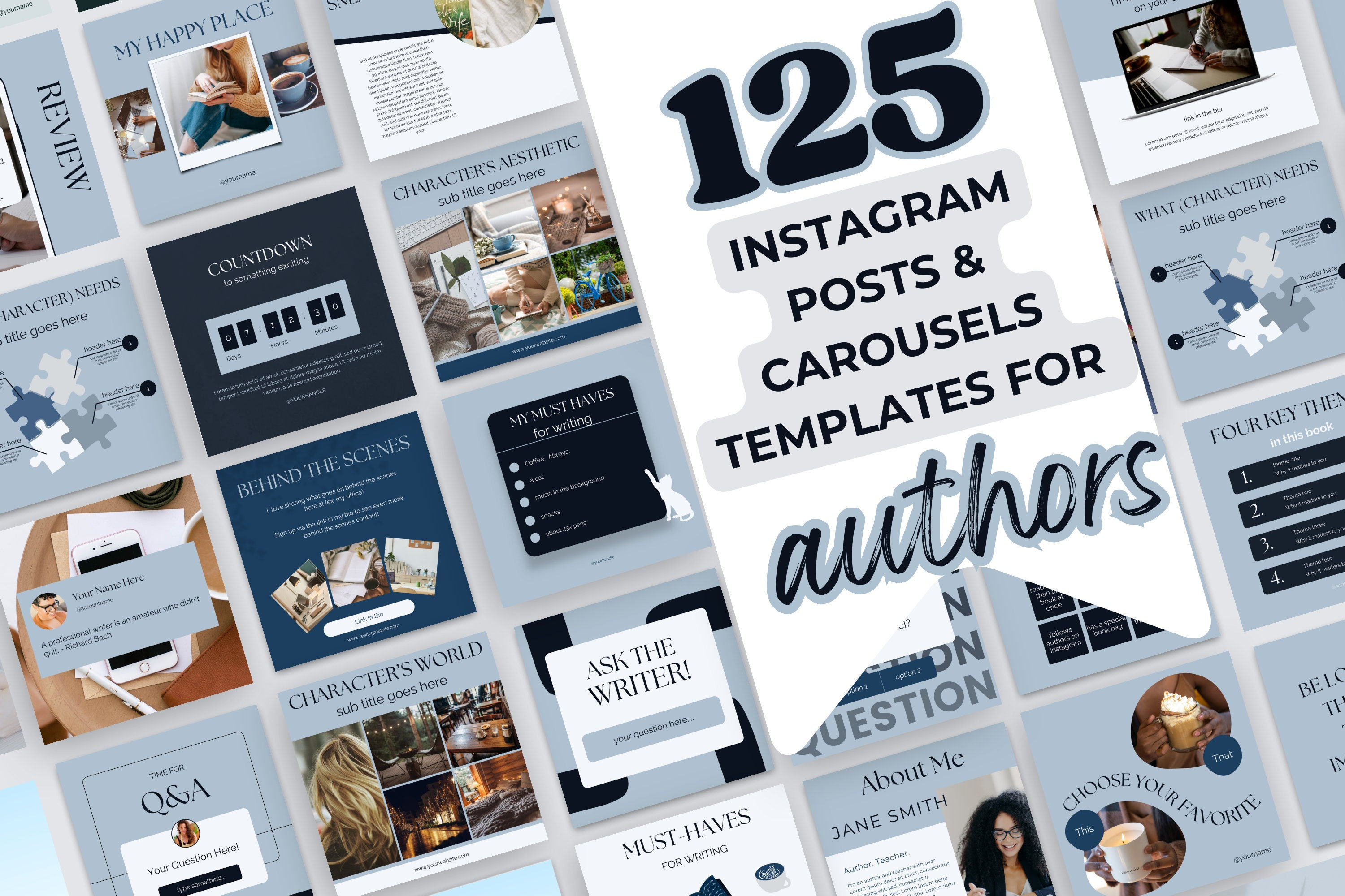 125 Blue Gray Instagram Posts Canva Template Writers Social Media Posts ...