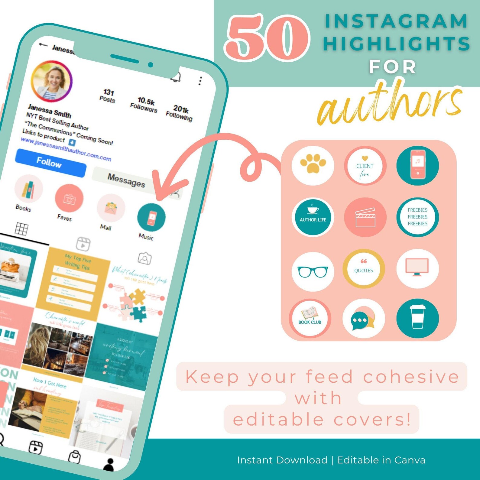 50 Author Instagram Highlight Covers Canva Template Writers Social ...