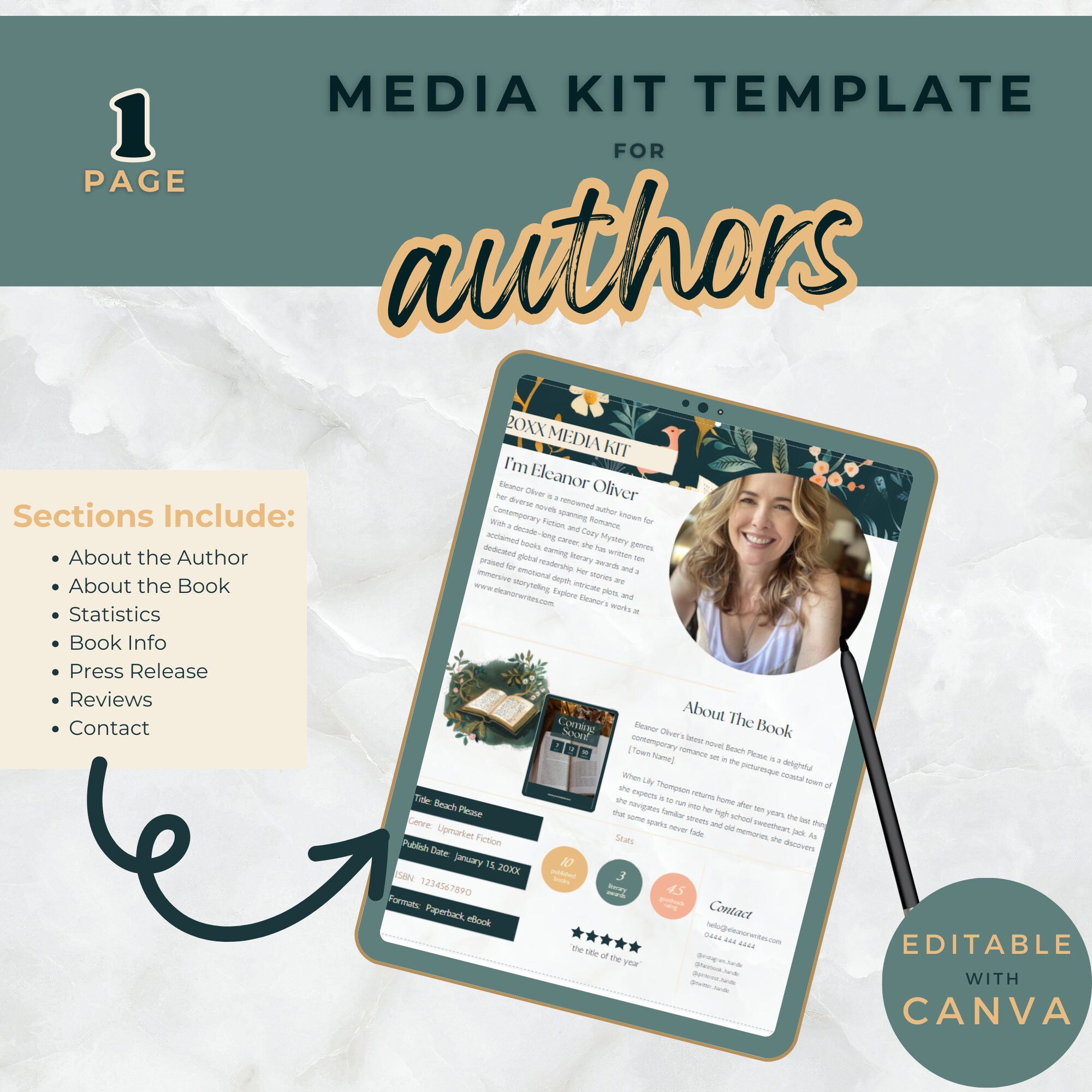 Author One Sheet, Canva Template, Media Kit Template, Author Canva ...