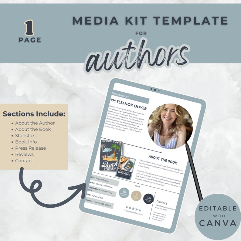 Author One Sheet, Canva Template, Media Kit Template, Author Canva ...