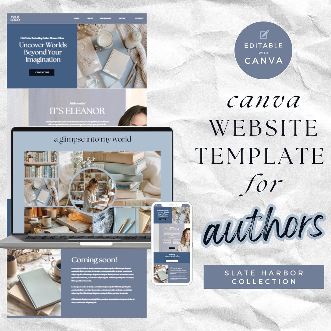 Blue Author Template, Canva Website Template for Authors, Author ...
