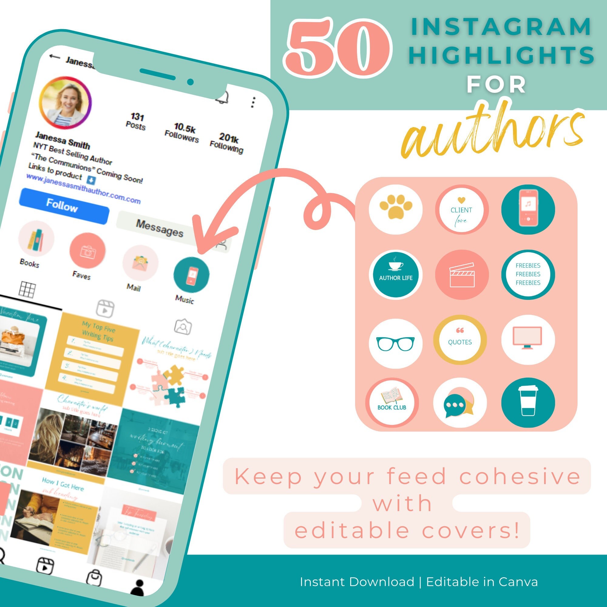 50 Author Instagram Highlight Covers Canva Template Writers Social ...