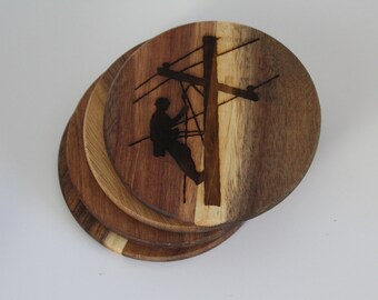 Solid Wood Lineman Engraved Set of 4 Customizable Drink Coaster Fathers ...