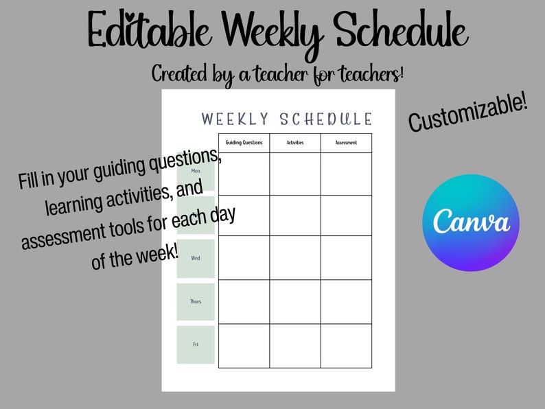 Editable Weekly Lesson Template - Etsy