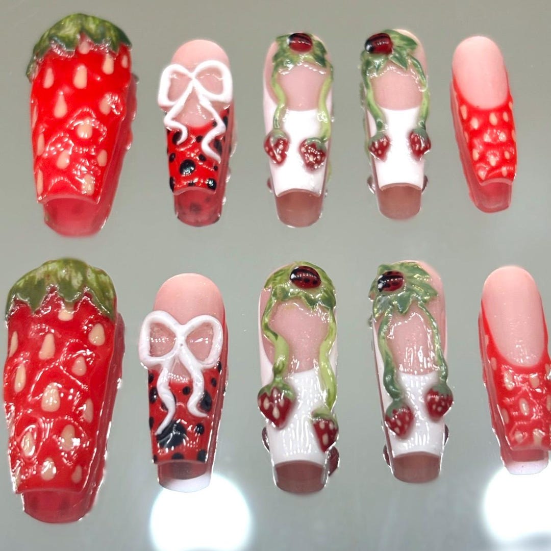 Whimsical Strawberry Press on Nails | 3D Strawberry Ladybug Nail Art ...