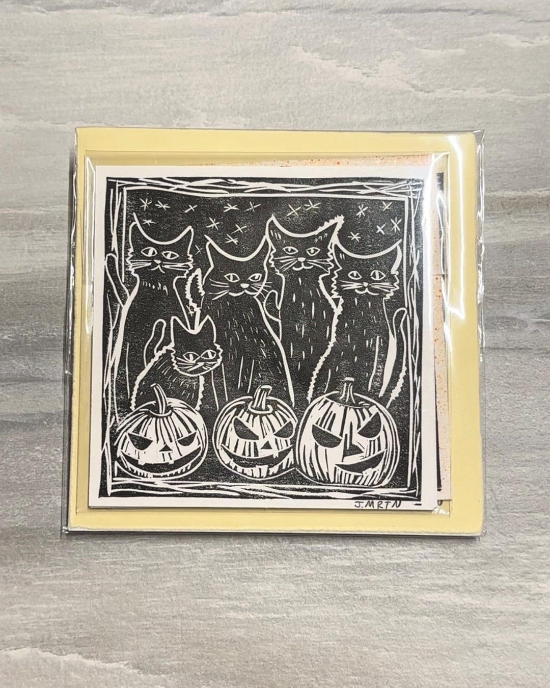 Cat Halloween Linocut | Halloween Block Print | Jack-o-lanterns Lino ...