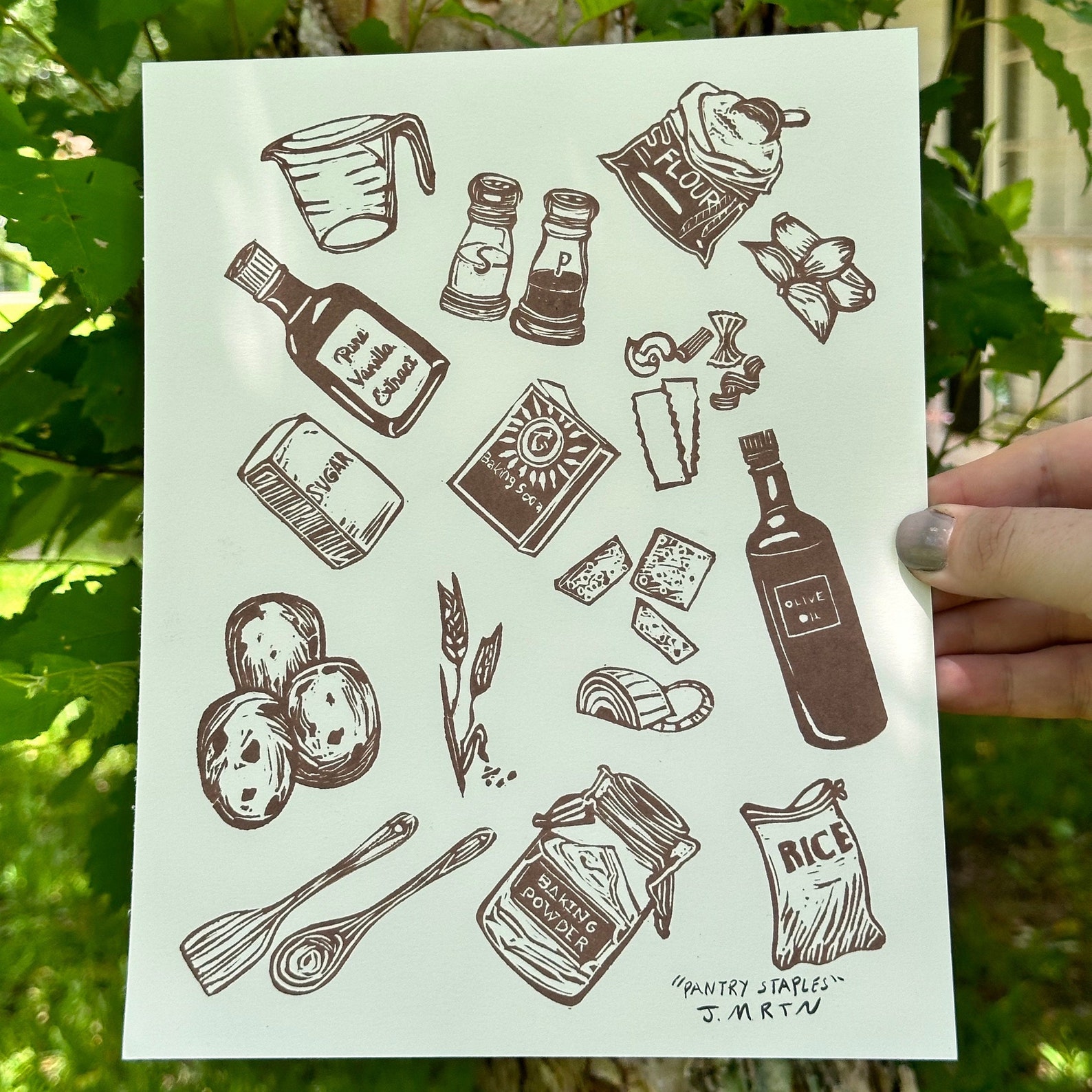 Kitchen Pantry Art, Homestead Cooking Ingredients Line Art Block Print ...