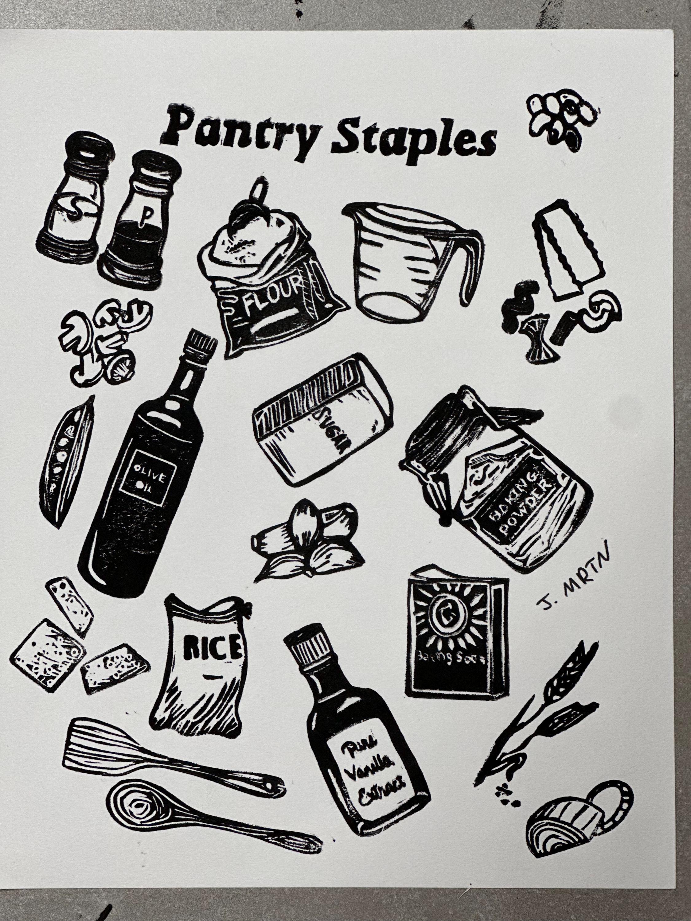 Kitchen Pantry Art, Homestead Cooking Ingredients Line Art Block Print ...