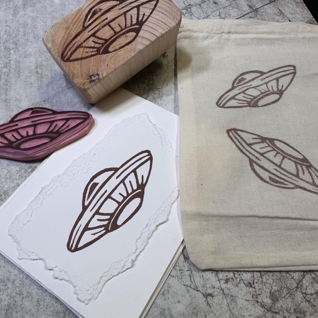 UFO Rubber Stamp | Alien Stationery Hand Carved Stamp | Flying Object ...