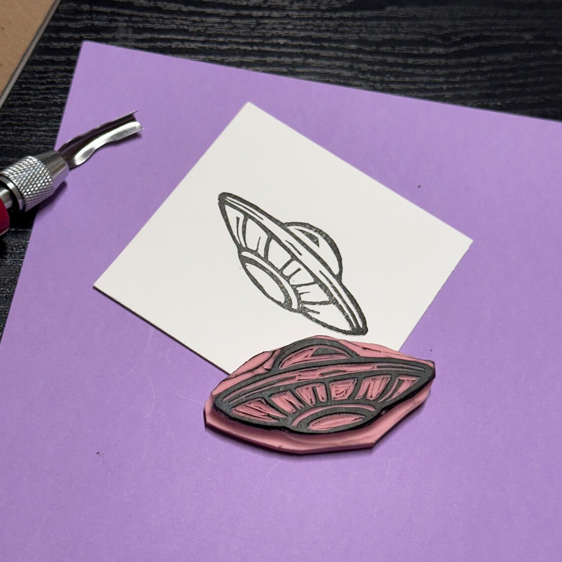UFO Rubber Stamp Alien Stationery Hand Carved Stamp Flying Object ...