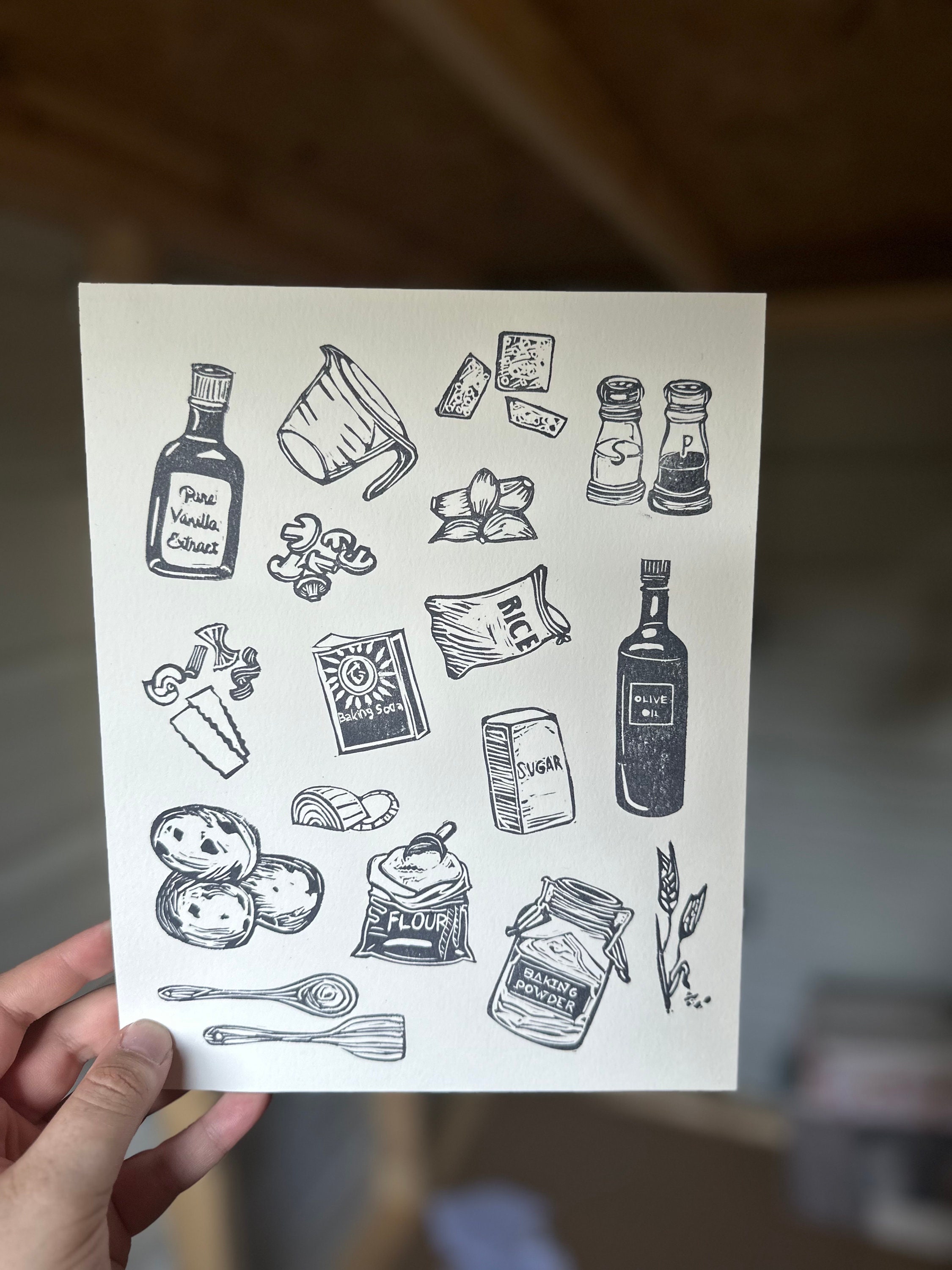 Kitchen Pantry Art, Homestead Cooking Ingredients Line Art Block Print ...