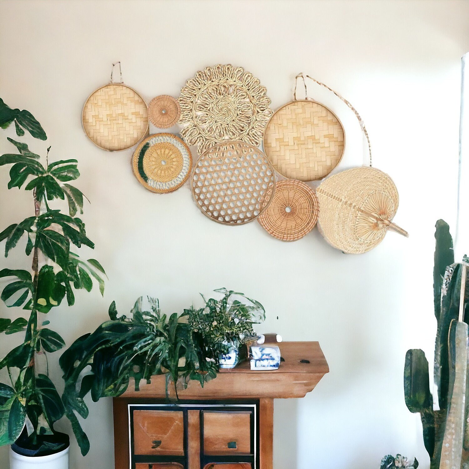 Boho Rattan Basket Wall Decor, Rattan Round Decoration, Handmade ...