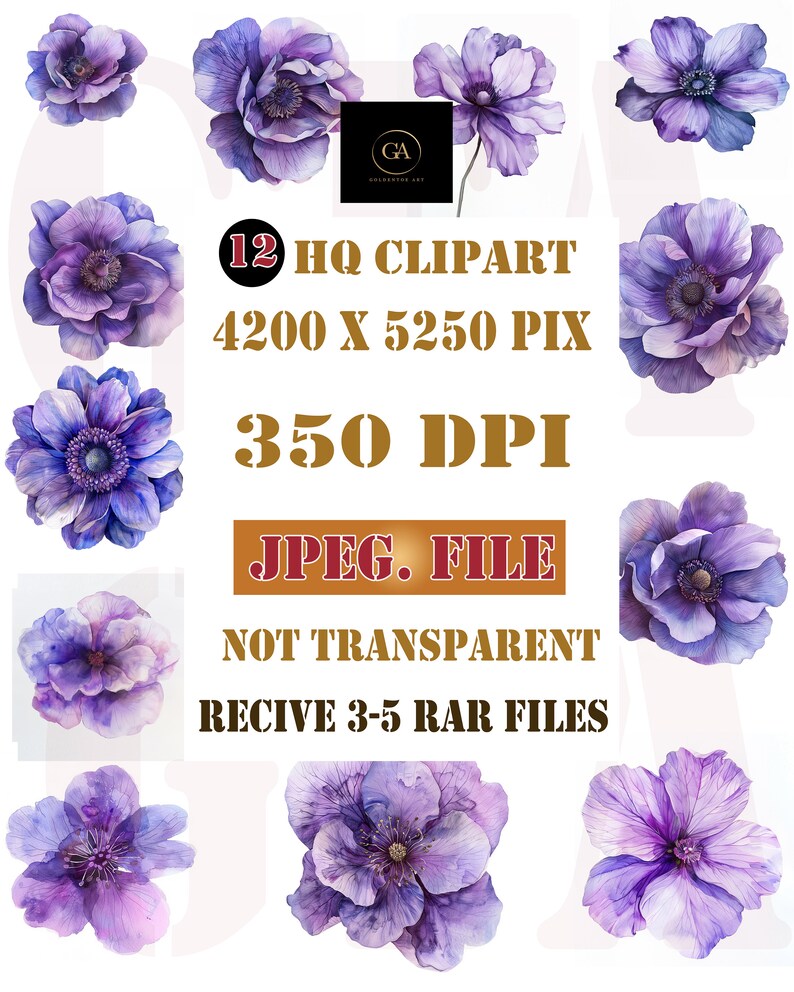 12 Watercolor Flowers Clipart , Flowers Print, Printable Watercolor Clipart, High Quality Jpgs ...