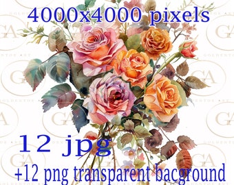 Pink Rose PNG, Watercolor Pink Rose Clipart Bundle, Wedding Bouquet ...