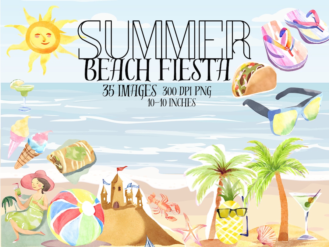 Watercolor Summer Beach Fiesta Clipart, Tropical Vacation PNG Stickers ...